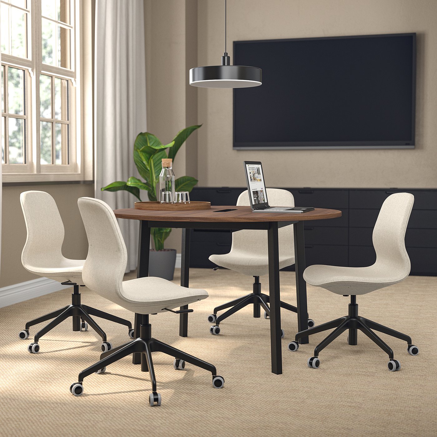 MITTZON Conference table round walnut veneer black 47 1 4x29 1 2