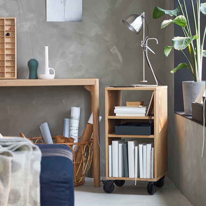 RÅVAROR Open storage unit on casters, oak veneer, 133/8x271/8" - IKEA