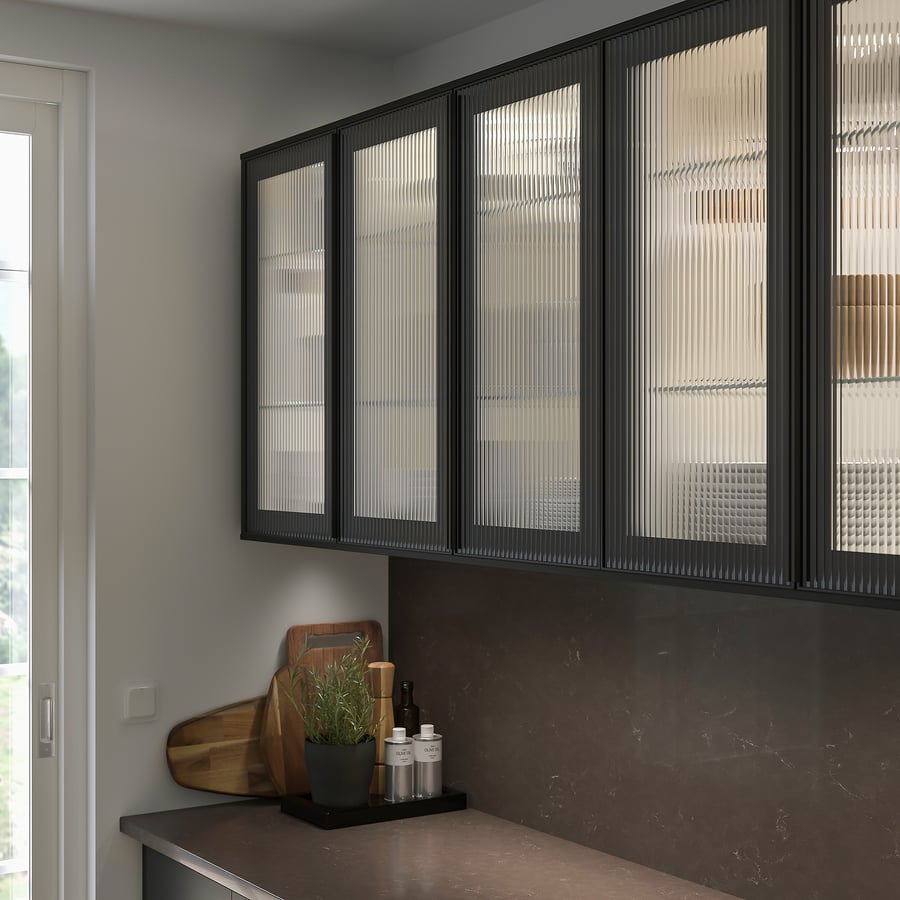 SEKTION wall cabinet with 2 glass doors, white/Hejsta anthracite reeded ...