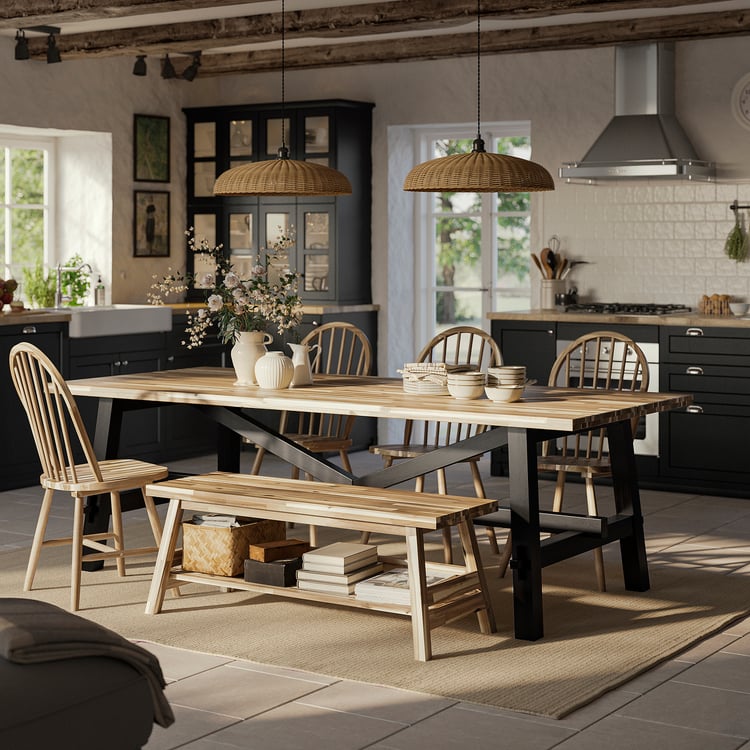 SKOGSTA / SKOGSTA table+4 chairs bench, acacia/black/acacia acacia, 921 ...