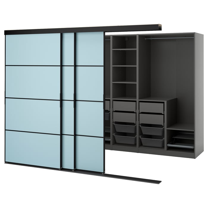 SKYTTA / PAX walk-in wardrobe with sliding doors, black dark gray ...