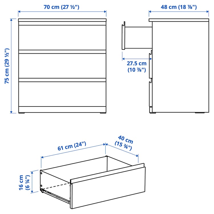 STORKLINTA 3-drawer dresser, white/anchor/unlock function, 271/2x187 ...