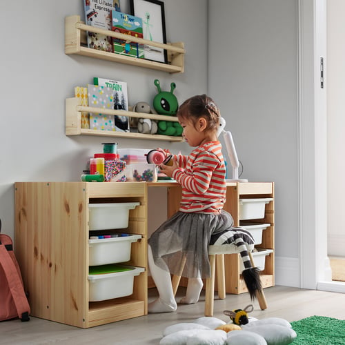 TROFAST desk with storage boxes, light white stained pine light green ...