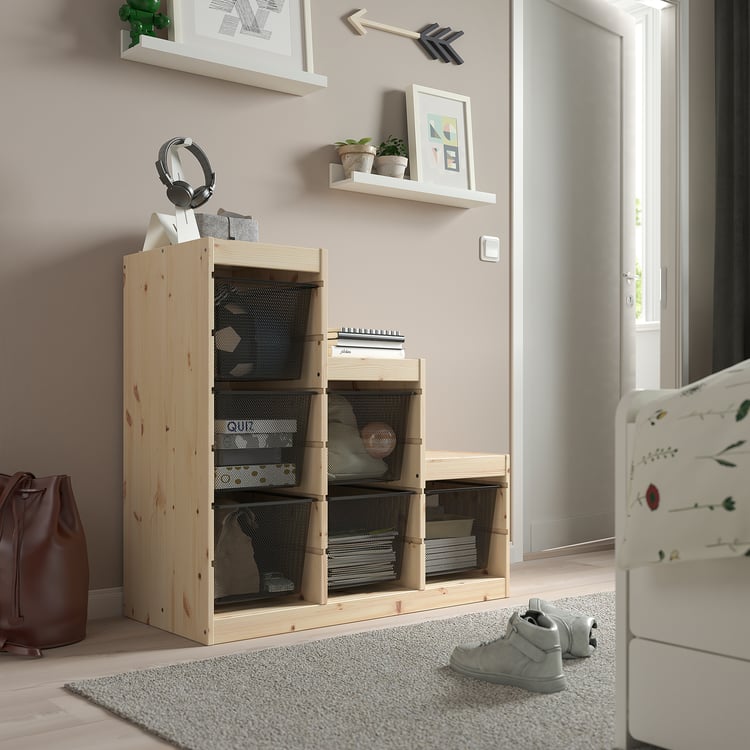 TROFAST storage combination with boxes, light white stained pine/dark ...